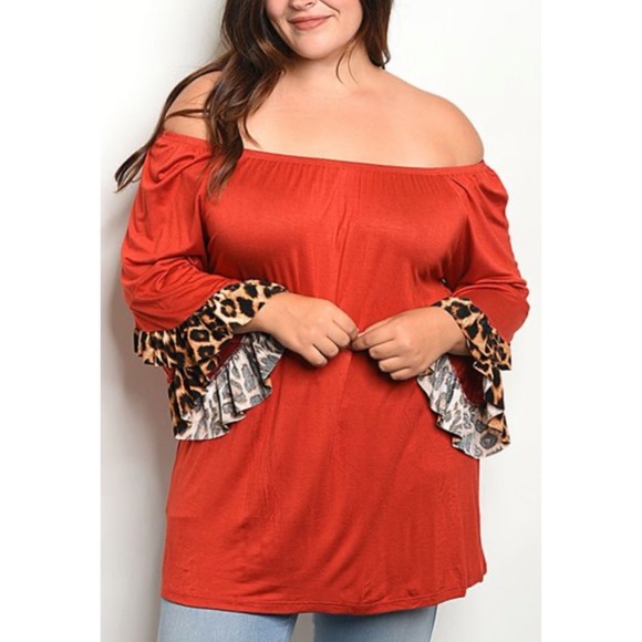 Tops | Off Shoulder Top With Leopard Print Bell Sleeve M Red Tan Black ...